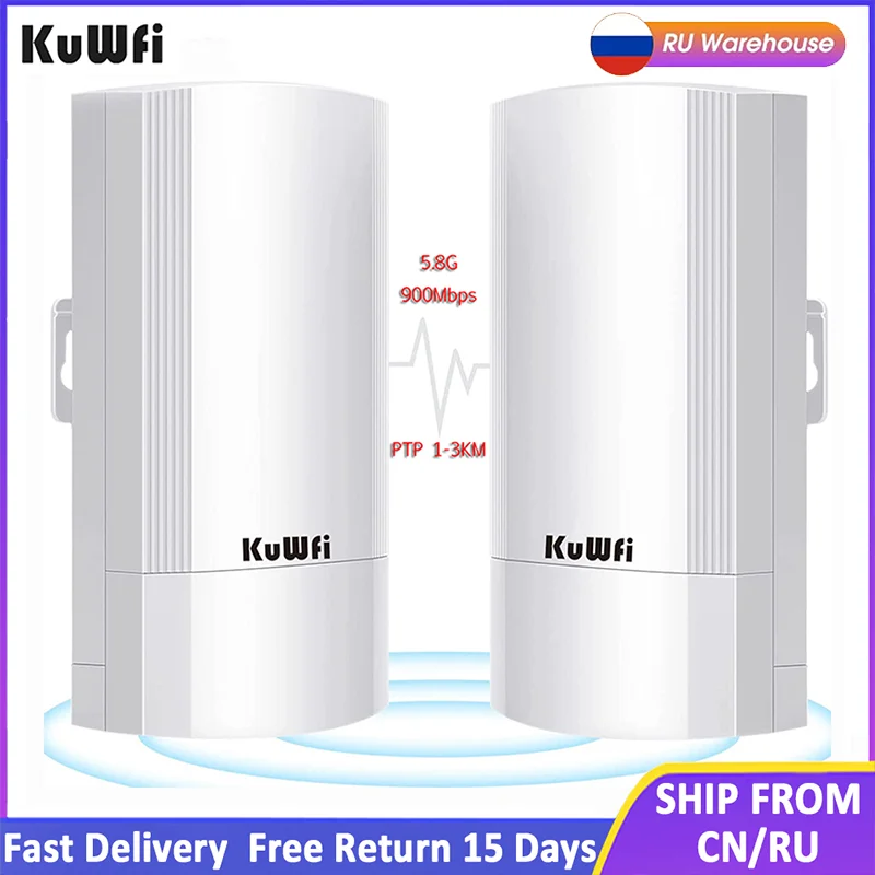 KuWFi 5.8G 무선 브리지 900Mbps WiFi 야외 CPE PTP 장거리, 24V PoE 전원, IP65 방수 AP ...