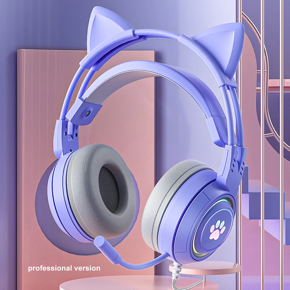 Cat Ear Gaming Headphone LED Light Girl Gamer Wired Headset Stereo Jogo ...