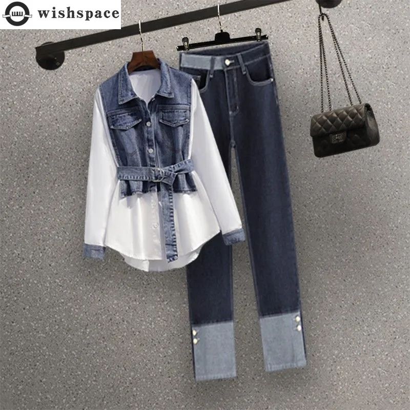 Korean Popular Street Style Elegant Women's Pants Set Fashion Denim ...