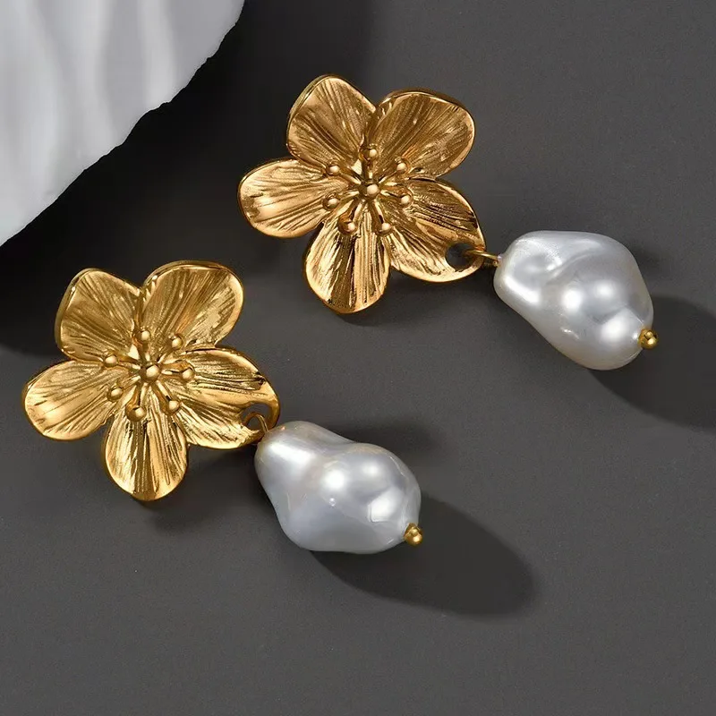 Gold-Color-Flowers-Earring-for-Women-Excellent-Temperament-Pearl-Drop ...
