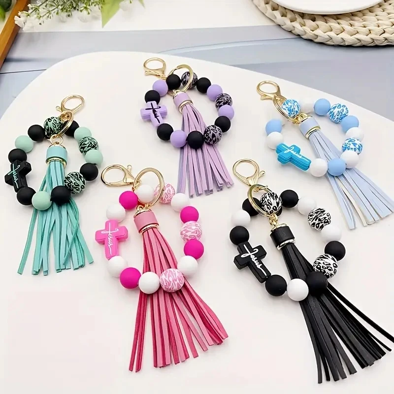 One Cross Silicone Rubber Paint Round Bead Bracelet Keychain ...