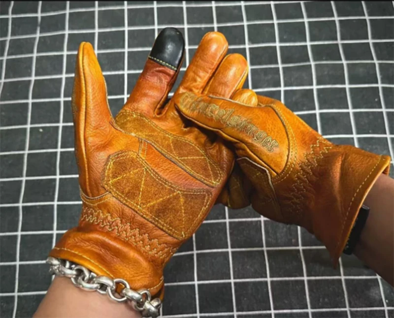 Handmade Genuine Leather Retro Motorcycle Gloves Full Finger Touch ...