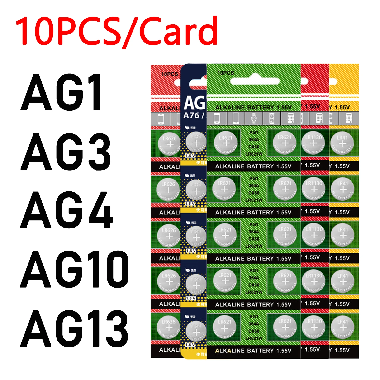 10PCS/Card AG13 LR54 Cell Coin 1.5V AG1 AG3 AG4 AG10 LR44 SR1130 LR626 ...
