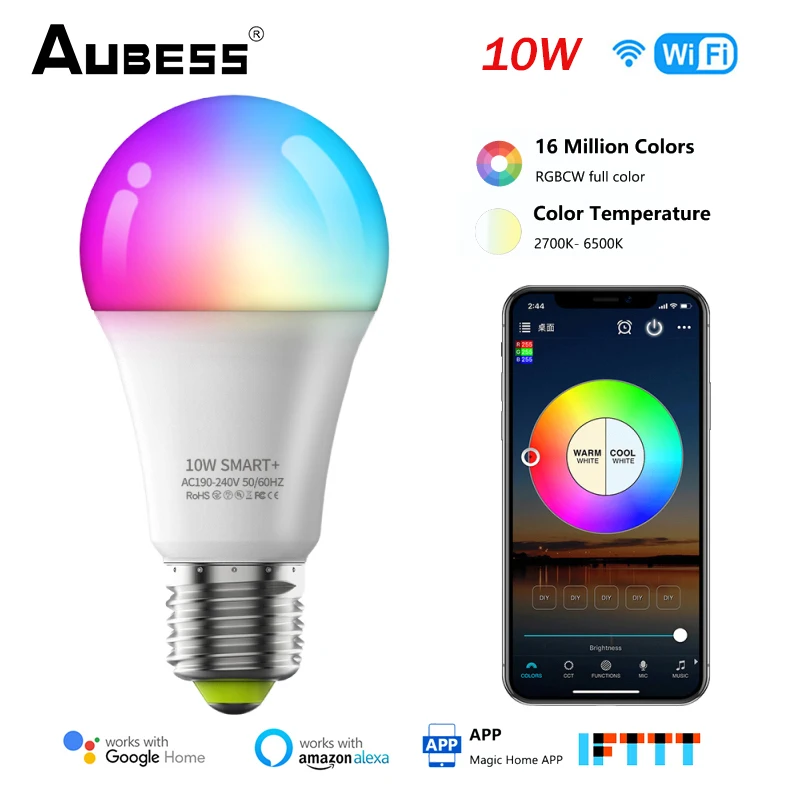 Aubess 10W LED Light Bulbs AC190 240V E27 WiFi+BLE Smart RGB Bulb ...