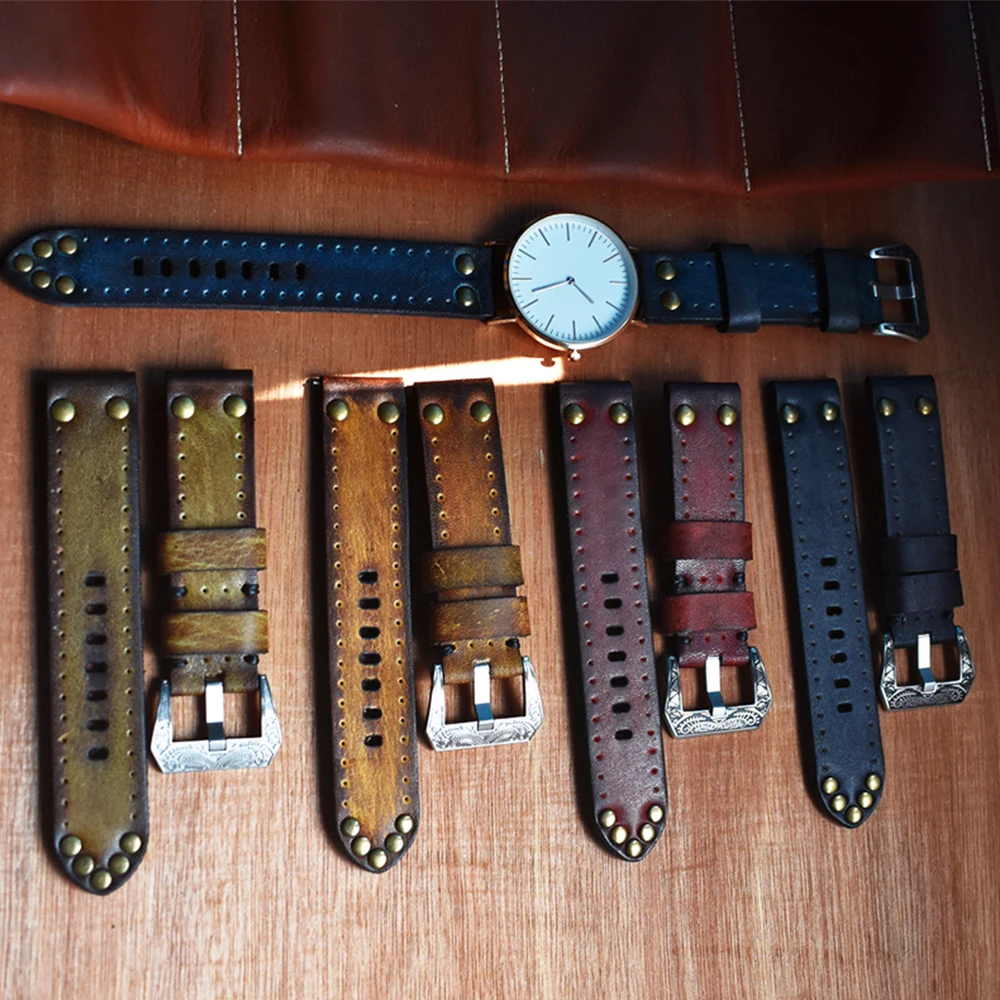 Vintage Leather Watch Strap With Rivets 18mm 20mm 22mm 24mm Classical ...