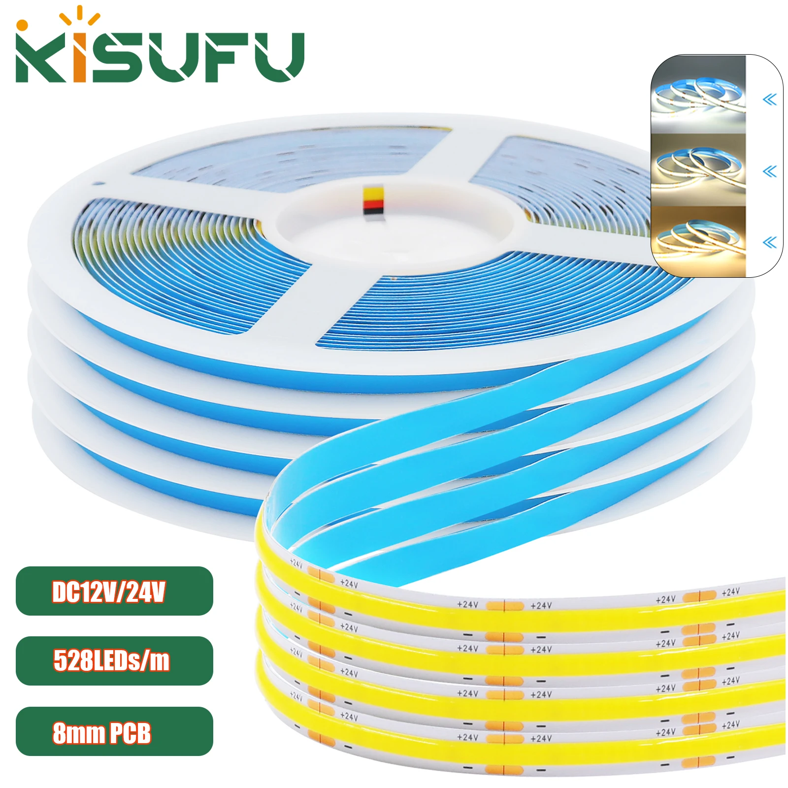 12V 24V COB LED Strip Light High Density 528LED/m 8mm PCB RA90 Flexible ...