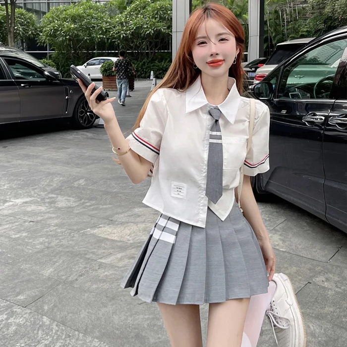 Gege's Summer College Style Age 감소 루즈 쇼트 타이 셔츠 + 하이 웨이스트 JK 플리티드 스커트, 여성용 투피스 세트| | - AliExpress
