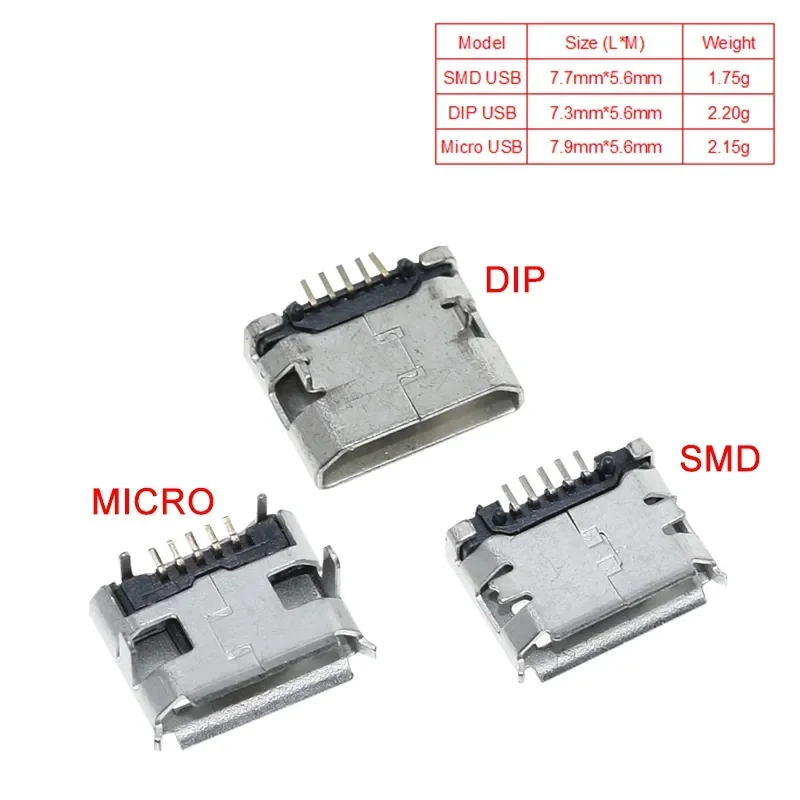 10pcs-Micro-USB-5pin-no-side-Ox-horn-female-usb-socket-Flat-mouth-four ...