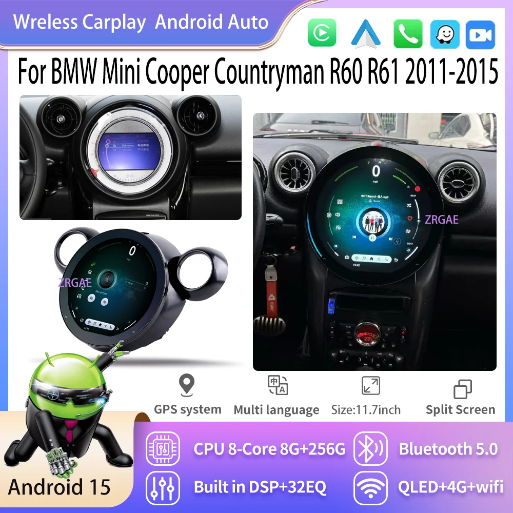11.7" Android 15 Wireless CarPlay For BMW Mini Cooper Countryman R60 ...