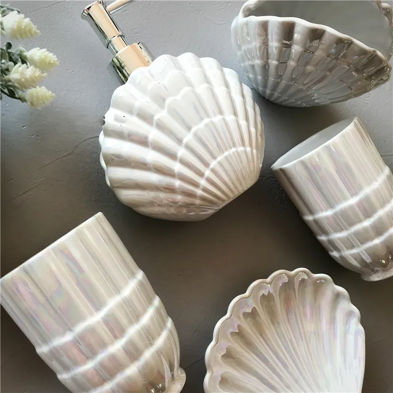 Ceramic Shell shape Bathroom Accessory Set Washing Tools Bottle ...