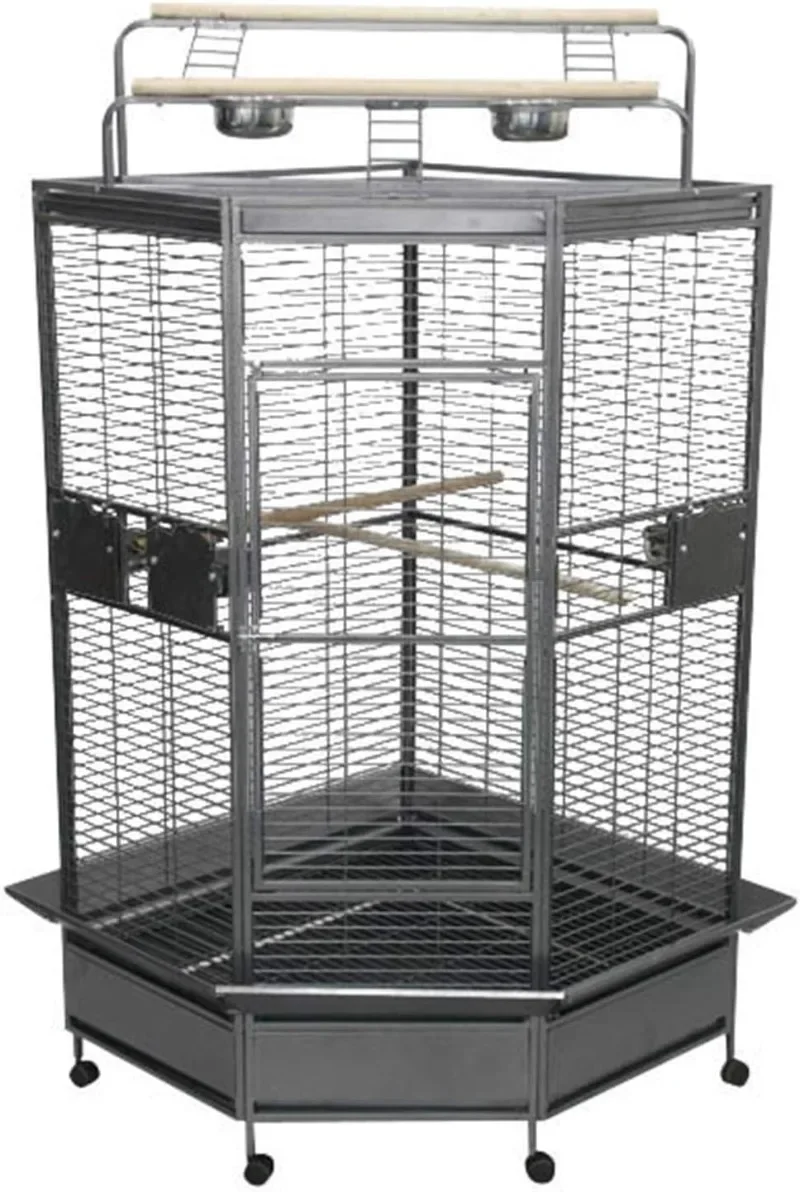 Silver-Black-Corner-Bird-Cage-32-inch-Large-Corner-Cage-Space-Saver ...