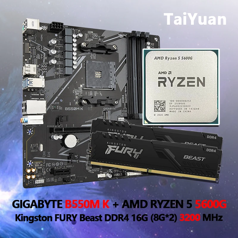 Terno AMD Ryzen 5 5600G R5 5600G CPU + Placa Mãe GIGABYTE GA B550M K + Kingston FURY Beast DDR4 ...