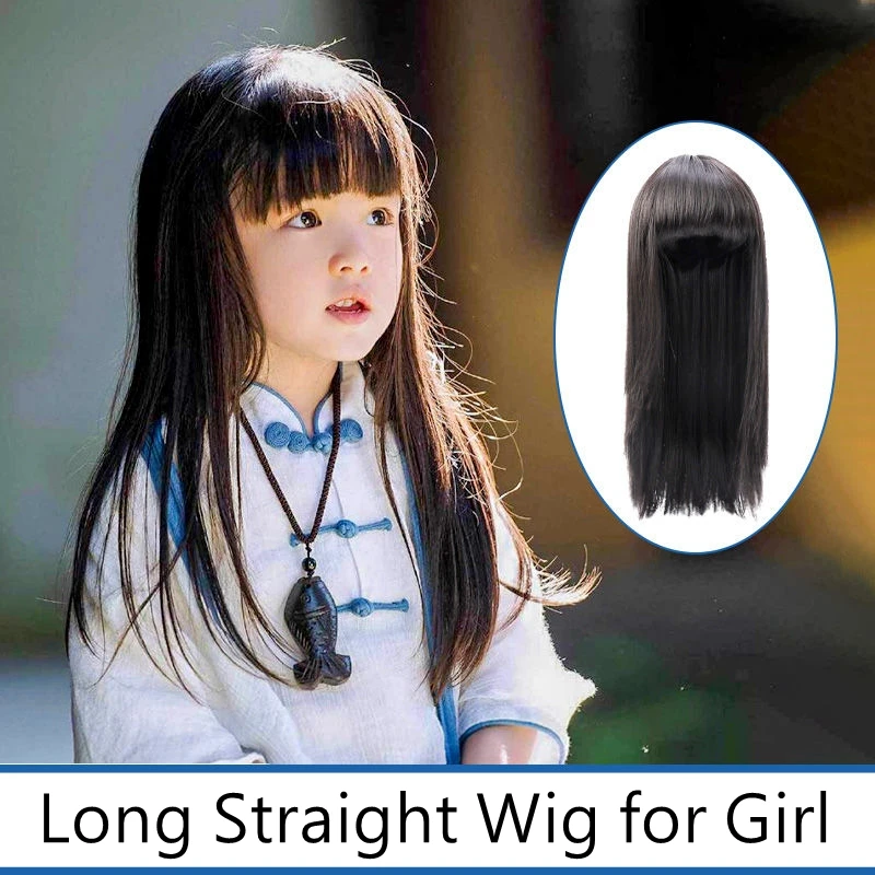 Long-Wigs-for-Kids-Black-Light-Brown-Headdress-Toupee-for-Girls ...