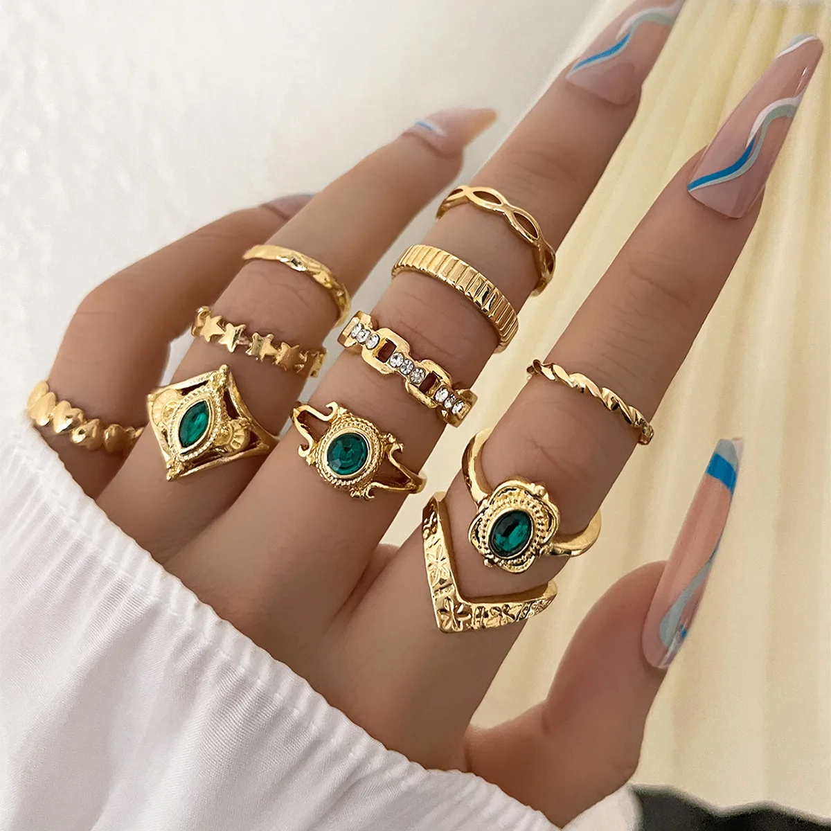 Vintage-Simple-11Pcs-Green-Crystal-Finger-Rings-Set-for-Women-Gold ...