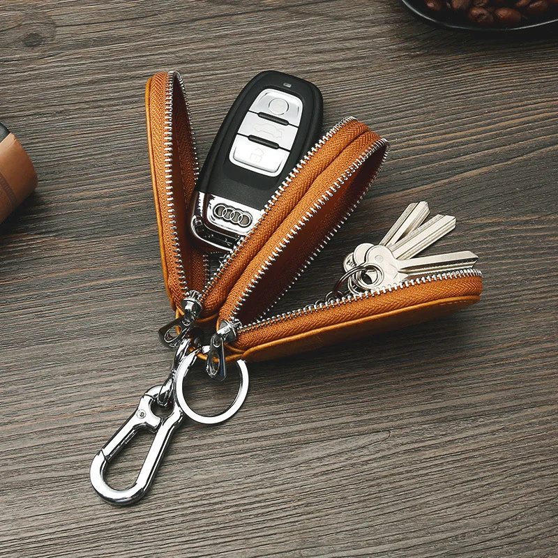 Retro-Oil-Tallow-Car-Key-Bag-Leather-Double-Zipper-Multi-functional-Car ...