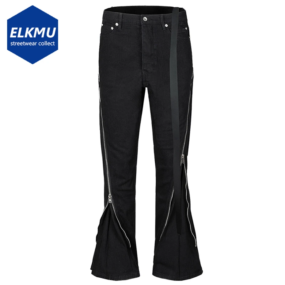 Fashion Flared Jeans Double Zippers Long Ribbons Black Denim Pants Men ...