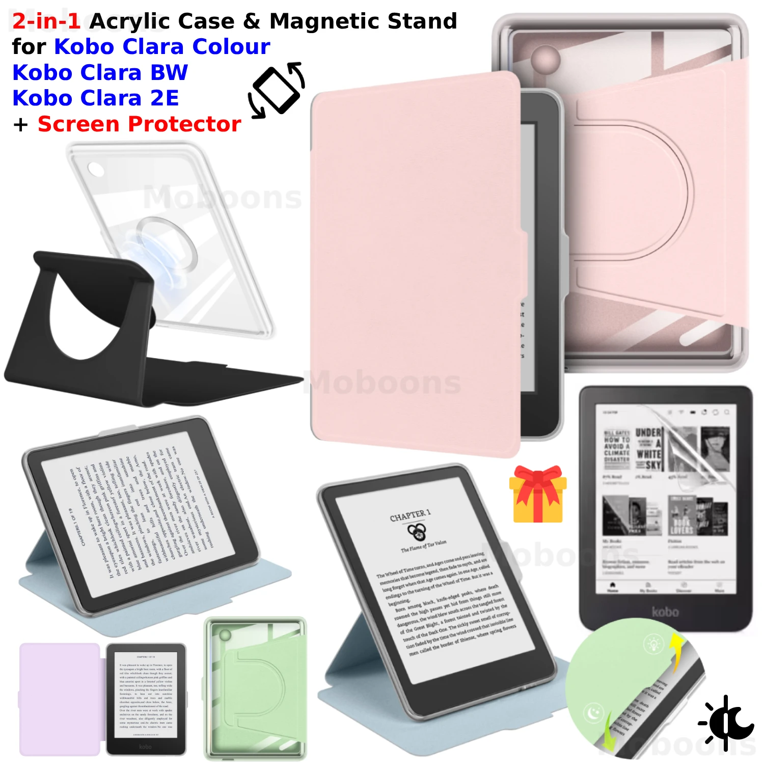 For Kobo Clara Colour/BW/2E Case+Screen Protector 360° Rotatable 2-in-1 ...