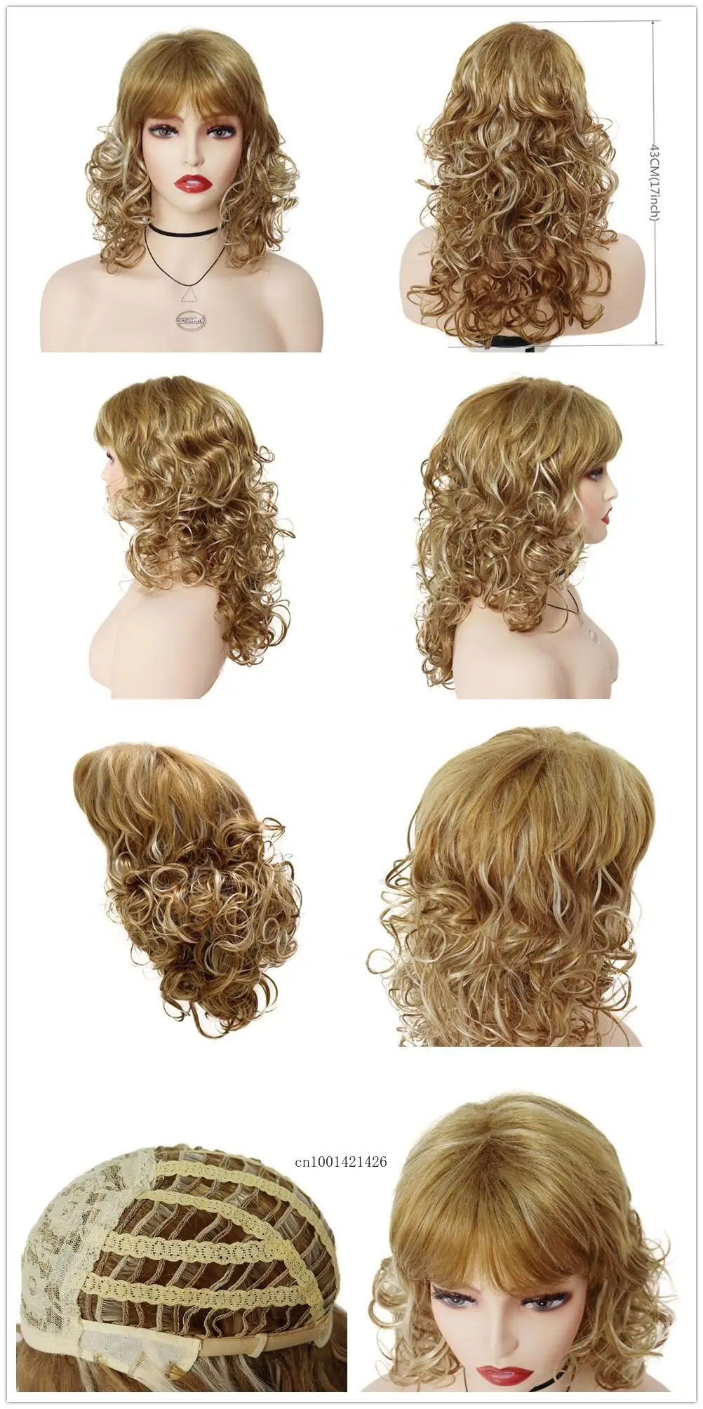 Old Lady Wigs Synthetic Hair Medium Curly Blonde Wig with Bangs Vintag ...