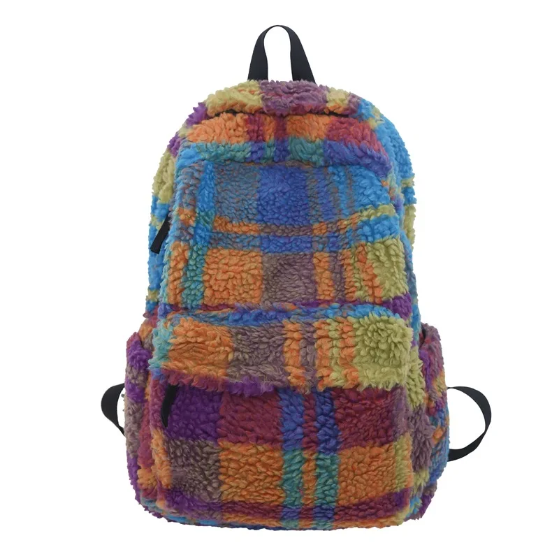 New-Korean-Version-Lamb-Plush-Color-Checkered-Contrasting-Backpack-With ...
