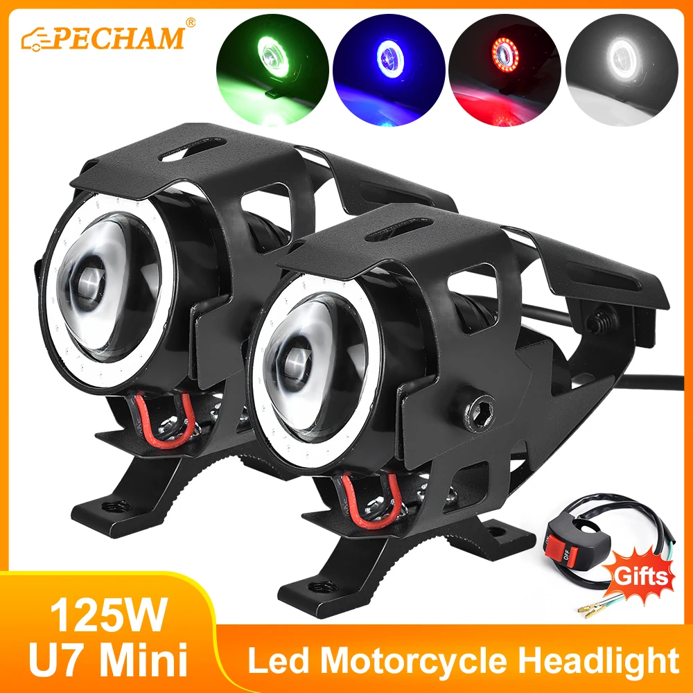 125W-LED-Auxiliary-Motorcycle-Headlight-Universal-12V-1200LM-Angel-Eyes ...