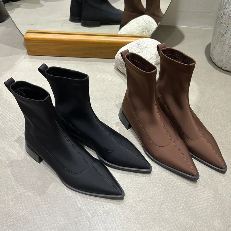 Botines de seda de lujo para mujer, botas puntiagudas de satén negro y ...