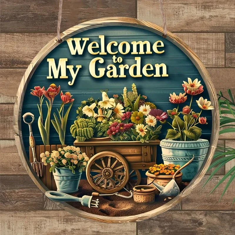 1 Piece 2D Welcome to My Garden Sign 8 Inch Round Wooden Wall Sign for ...
