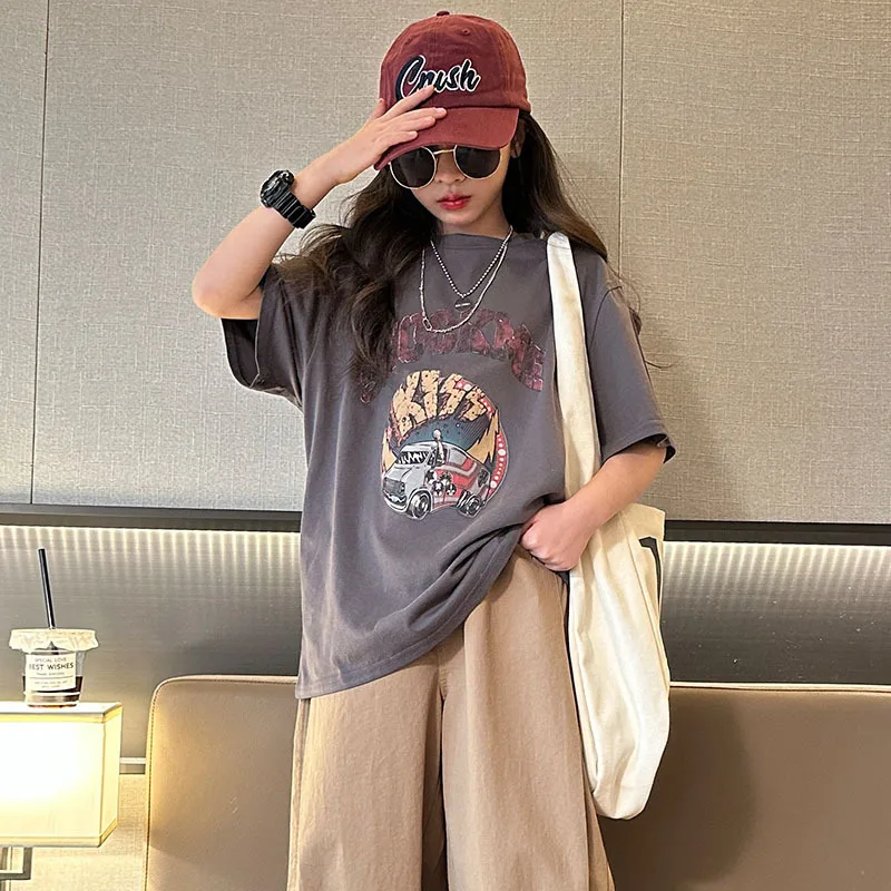 Summer Teens Girls T-shirts Cartoon Print Loose Cotton Tops Grey Purple ...