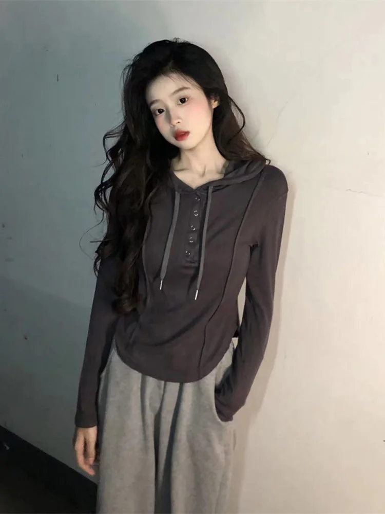 얇은후드티 퓨어 핫 소녀 불규칙한 짧은 탑 슬림 슬리밍 긴 소매 티셔츠 후드 스웨터 여성용 얇은 초가 티몬