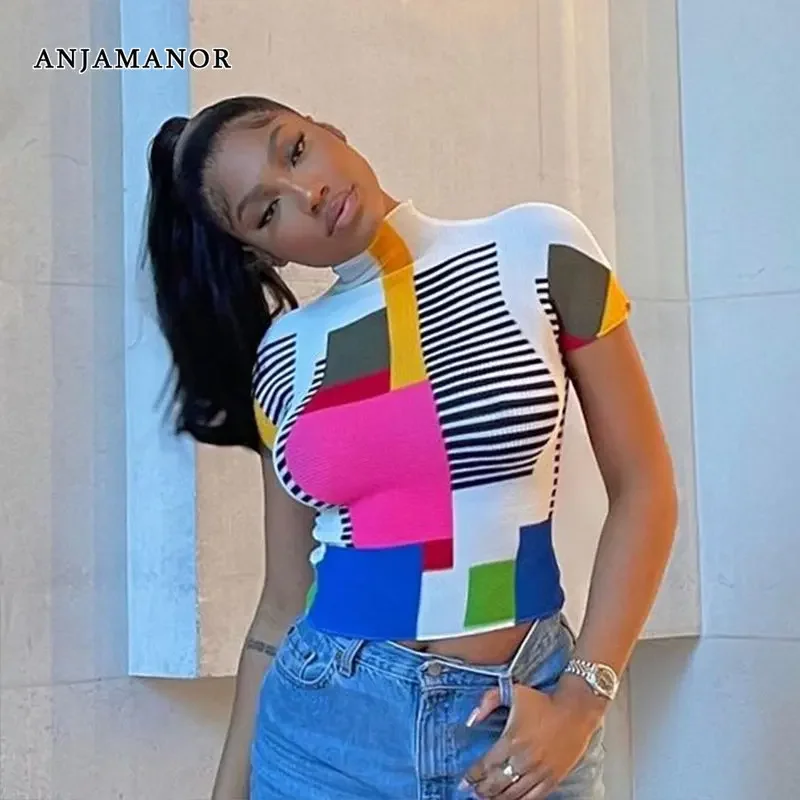 ANJAMANOR Geometric Multi Print Crop Tops Streetwear Y2k Baby Tees ...