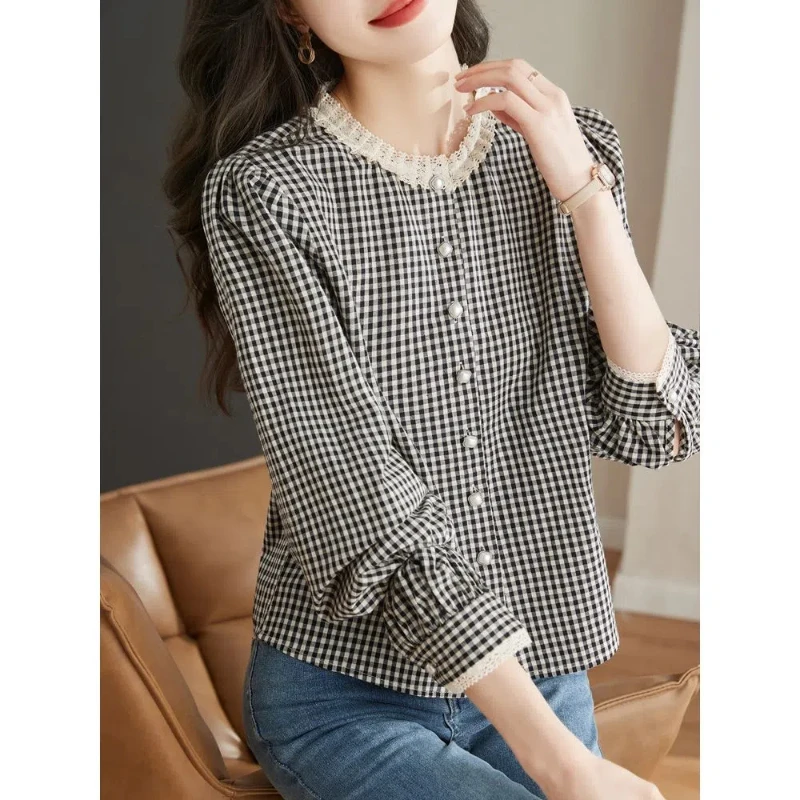 Spring and Summer New French Retro Round Neck Lace Checkered Shirt ...