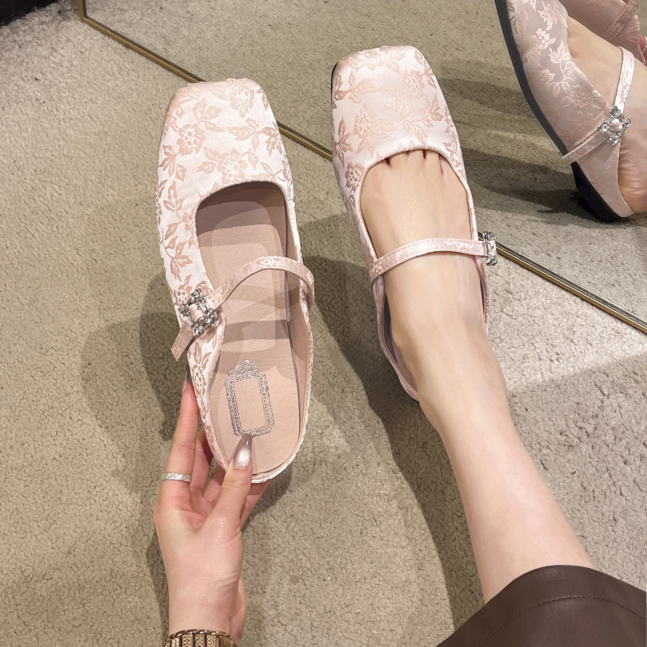 Flats-de-bal-de-seda-Jacquard-floral-para-mulheres-Mary-Janes-chinelos ...