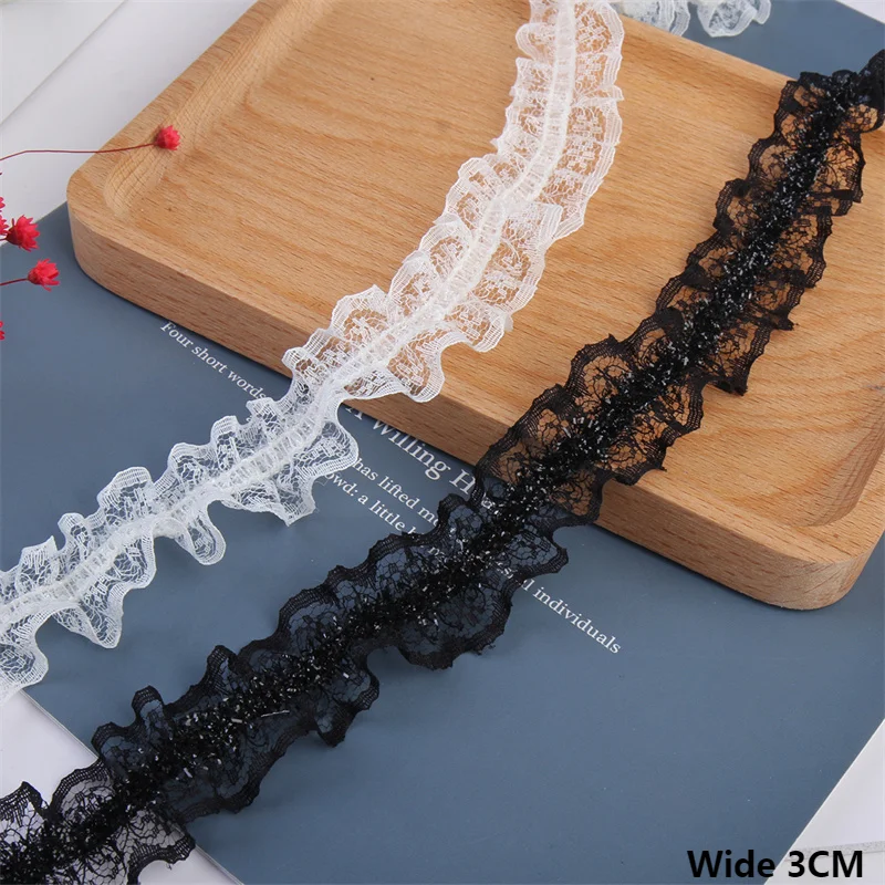 3CM Wide White Black Mesh Elastic Lace Ruffle Trim Embroidered Ribbon ...