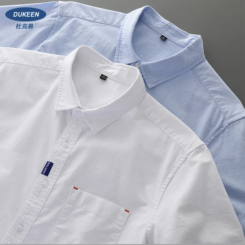 Dukeen 100% Cotton Oxford Spinning Shirt for Men Summer Casual Solid Color Blouse Man White ...