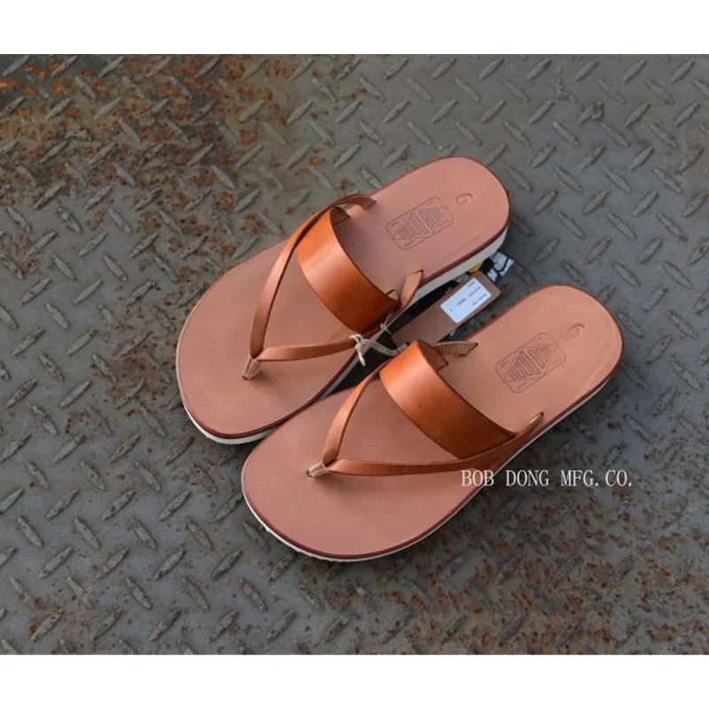 BOB DONG Vintage leather flip flops V bottom top layer leather sandals ...