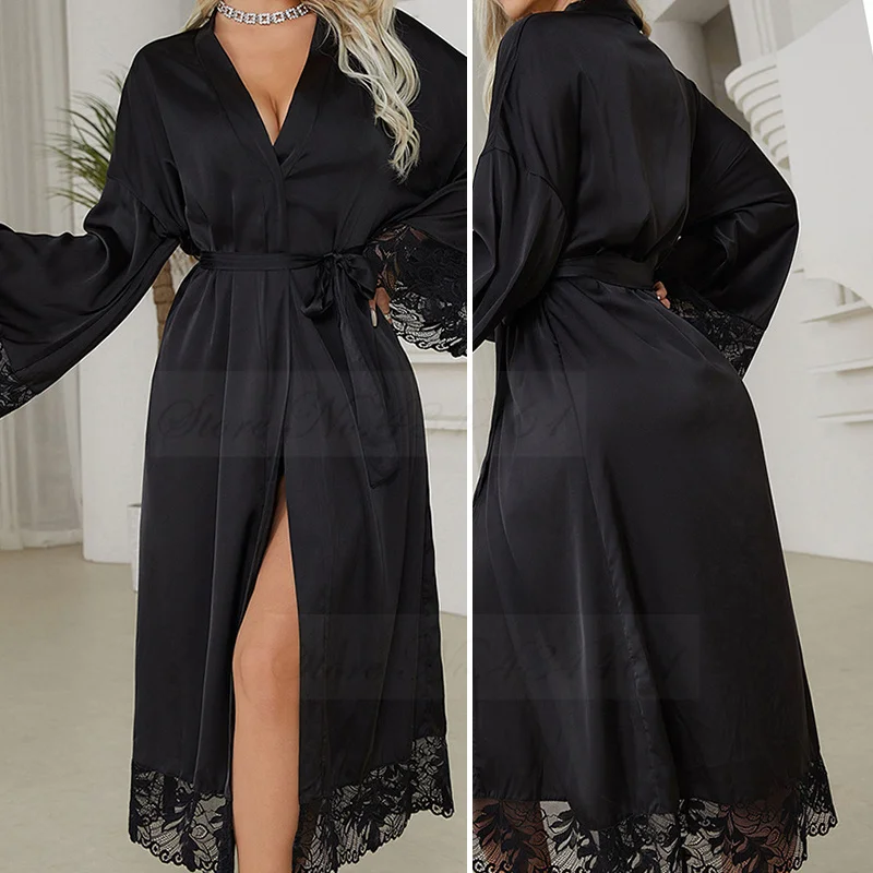 Sexy Lace Kimono Bathrobe Gown Spring Summer Female Long Robe Lounge ...