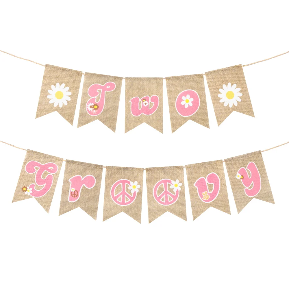2Pcs-Pink-Two-Groovy-Burlap-Banner-Set-Pink-Hippie-Daisy-Hanging ...