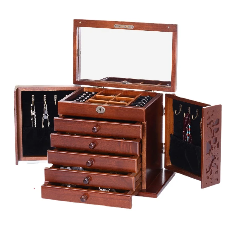 Wooden-Large-Jewelry-Box-with-Lock-Display-Rack-Exquisite-Drawer-Style ...