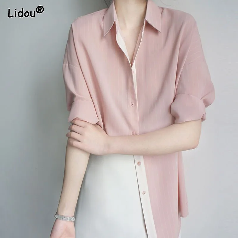 Camisa-de-gasa-fina-para-mujer-Camisa-lisa-botones-y-ajustada-con ...