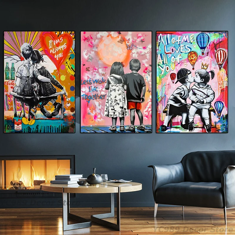Banksy Love and Kissing Art Colourful Graffiti Canvas Painting Famous ...