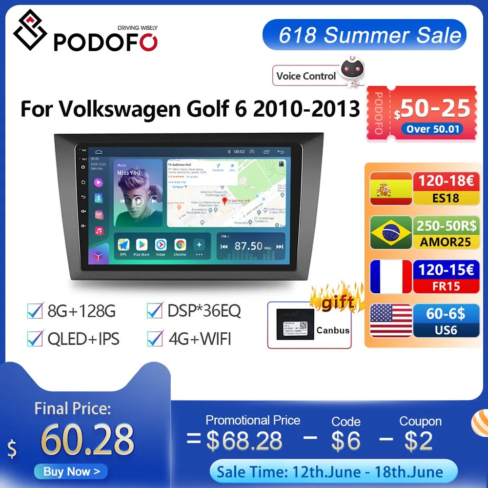 Podofo Multimedia Player For Volkswagen Golf 6 2010-2013 Carplay ...
