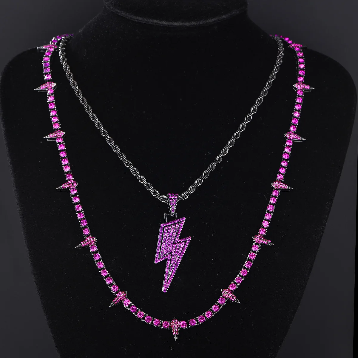 Hip-Hop-Lightning-Pendant-Dark-Purple-Iced-Out-CZ-Tennis-Chain-Necklace ...