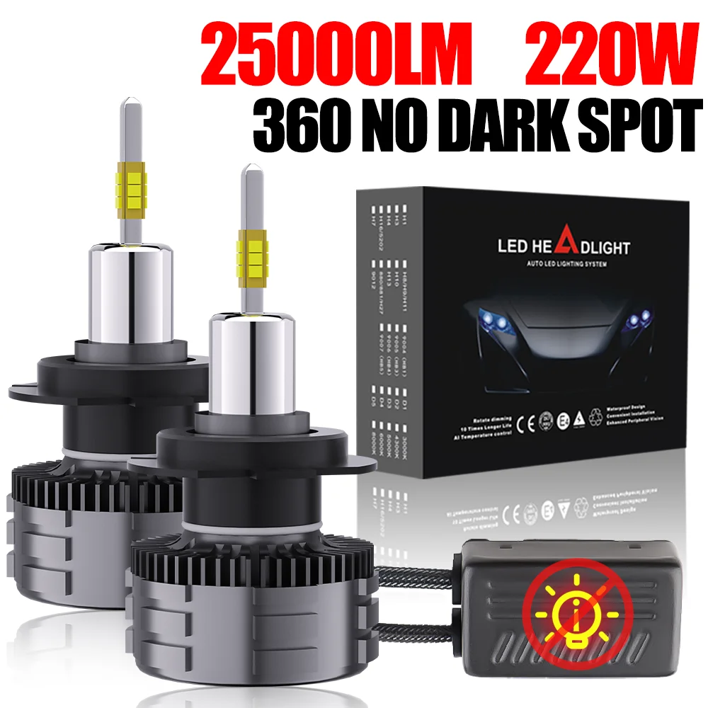 2PCS-High-Power-220W-Car-LED-Headlight-Four-Side-25000LM-9005-H7 ...