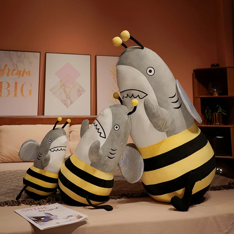 Funny Shark & Bee Plush Toy Stuffed Soft Shark Bee Doll Throw Pillow ...