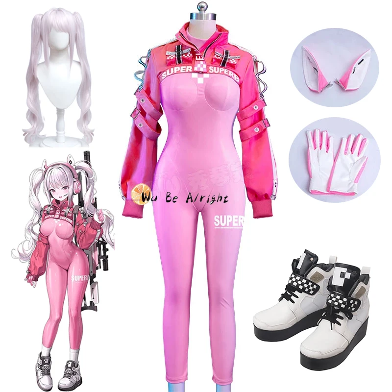 니케 앨리스 게임 코스프레 의상 가발 신발 섹시한 라텍스 Catsuit 바디 슈트 핑크 점프 슈트 자켓 정장 여성용 부츠