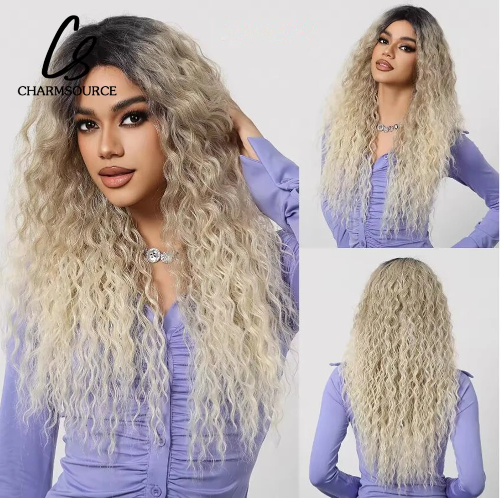 CharmSource-blonde-Long-Deep-Curly-Wigs-Synthetic-Lace-Front-Wig-for ...