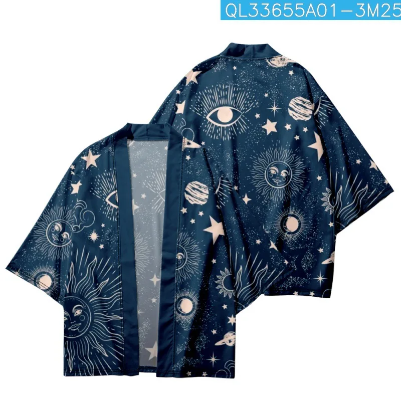 Summer Casual Cartoon Sun Moon Star Printed Kimono Beach Shorts ...
