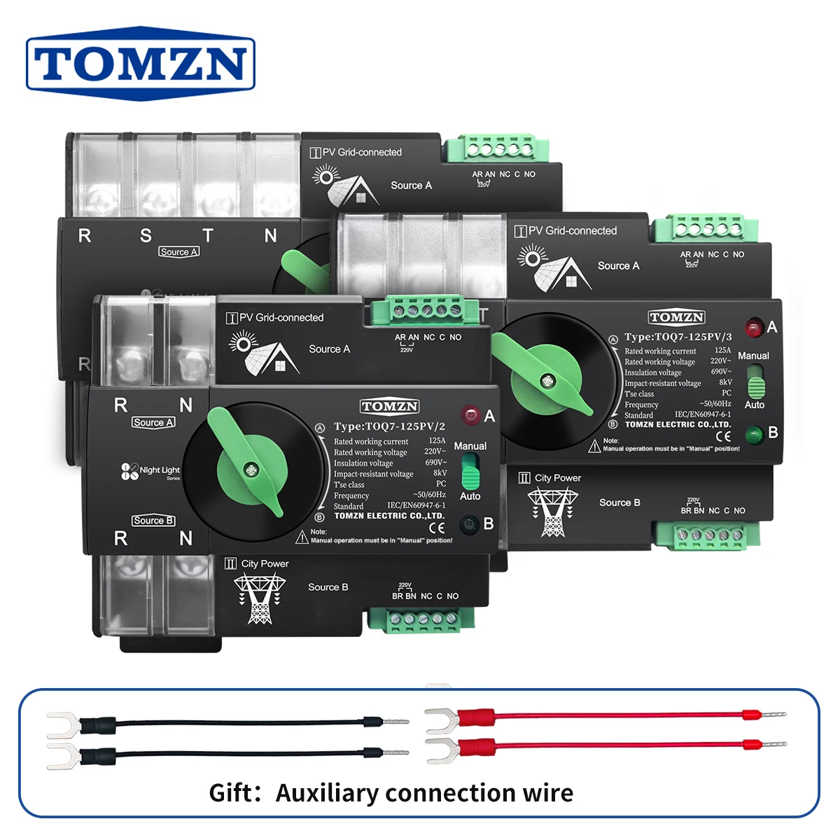 TOMZN Din Rail 3 Phase 2P 3P 4P 63A 100A 125A 230VAC Dual Power ...