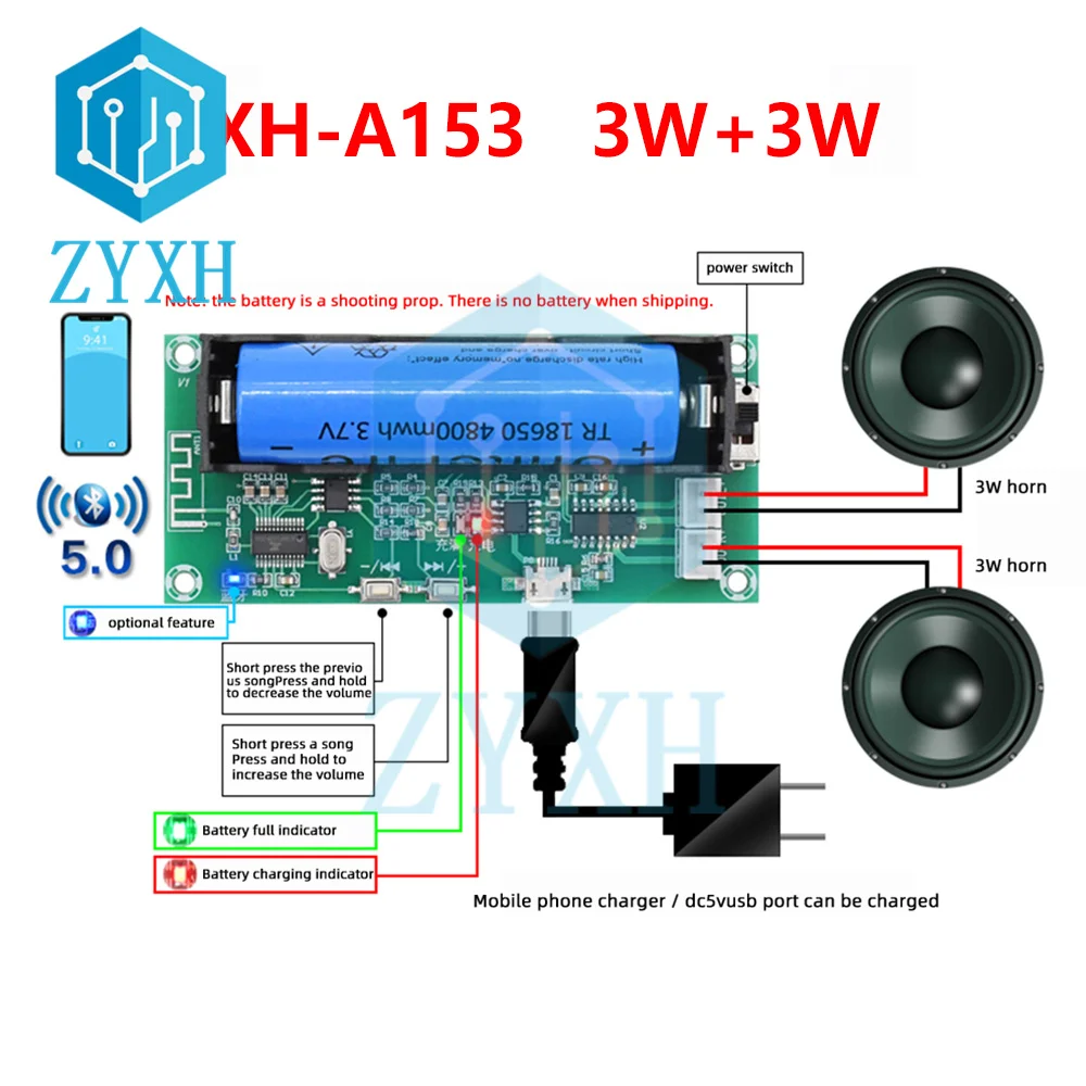XH-A153-Lithium-Battery-Bluetooth-5-0-Amplifier-Board-DC-5V-3W-3W-Dual ...