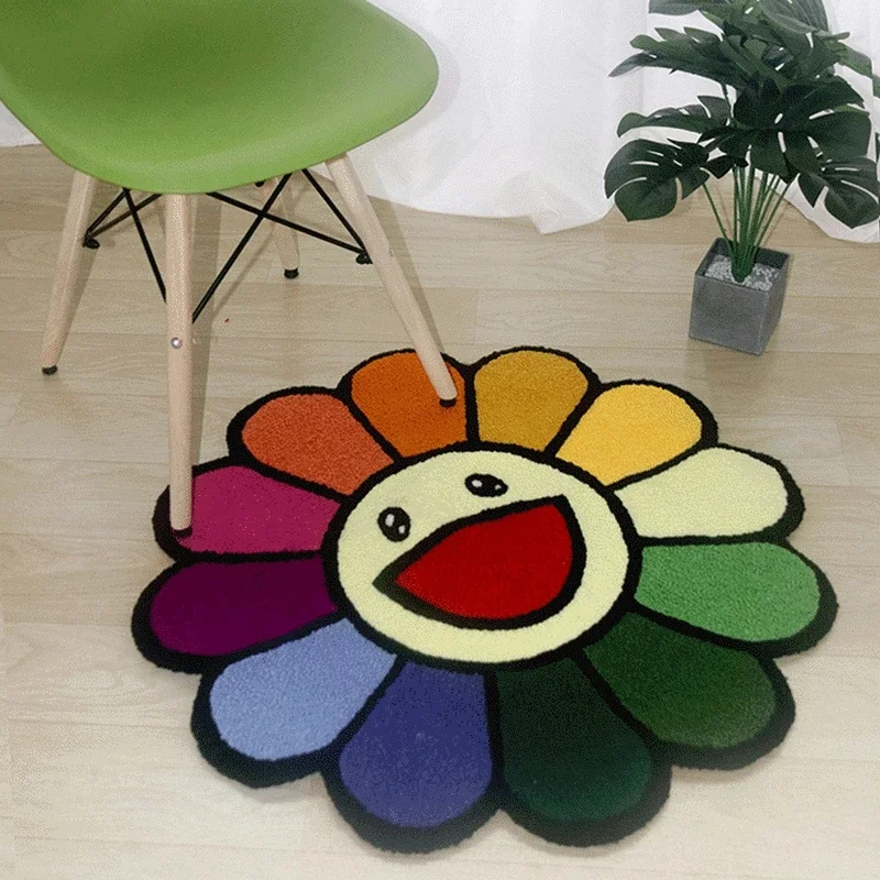 Cartoon Sun Flower Carpet Smiley Round Non-slip Floor Rug Entrance ...