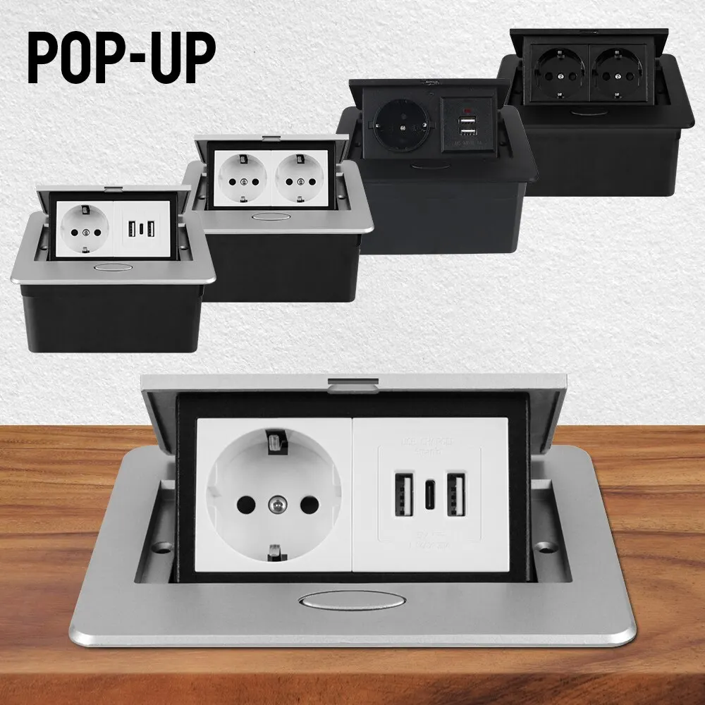Table Outlet Hidden Black Silver Desktop Socket 220V Metal Panel Slow Pop-Up EU USB Type-C For ...